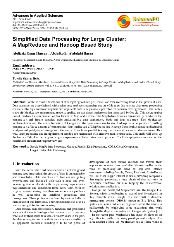 (PDF) Simplified Data Processing for Large Cluster: A MapReduce and Hadoop Based Study