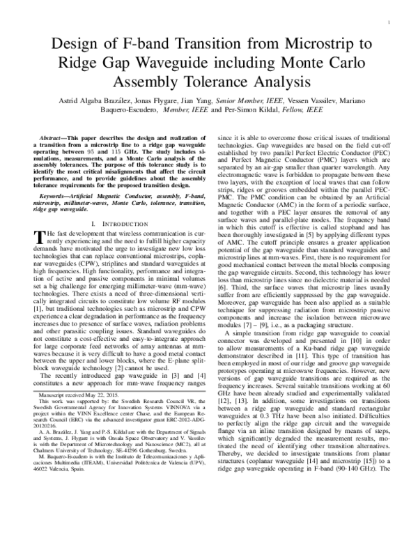 Pdf Design Of Band Transition From Microstrip To Ridge Gap Waveguide Including Monte Carlo