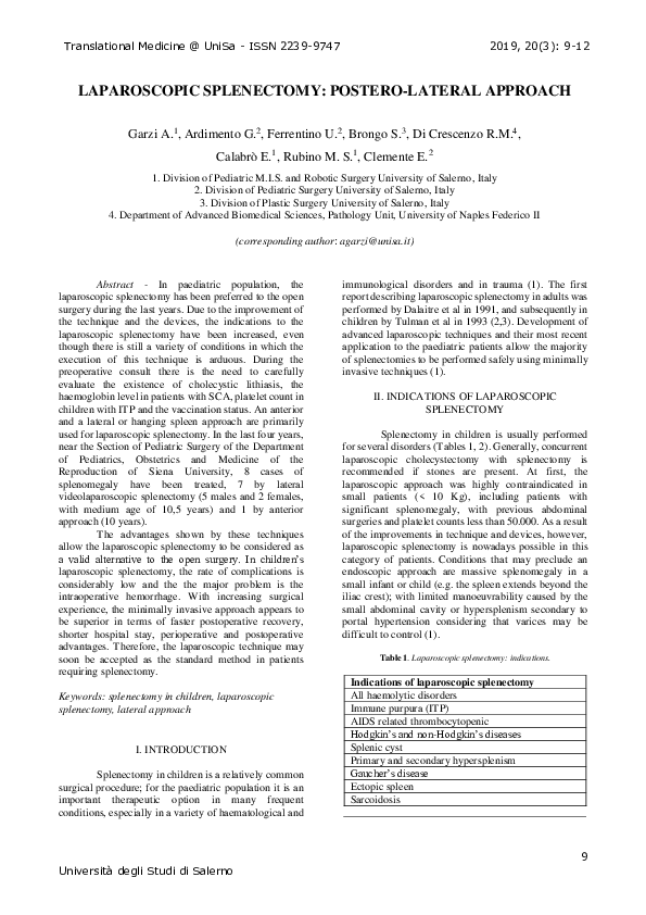 (PDF) Laparoscopic splenectomy: postero-lateral approach