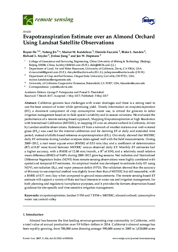 (PDF) Evapotranspiration Estimate over an Almond Orchard Using Landsat Satellite Observations ...