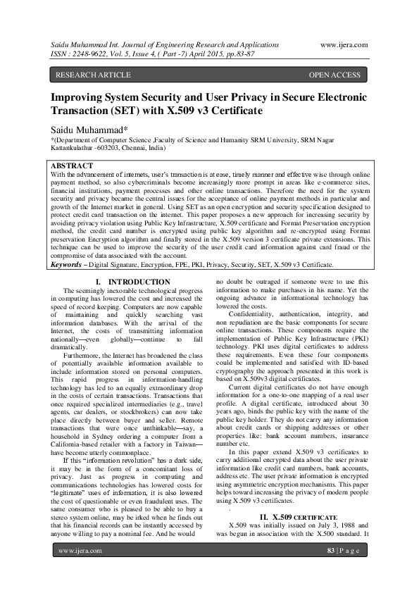 (PDF) Improving System Security and User Privacy in Secure Electronic Transaction (SET) with X ...