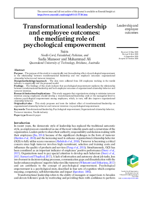 (PDF) Transformational leadership and employee outcomes: the mediating role of psychological ...