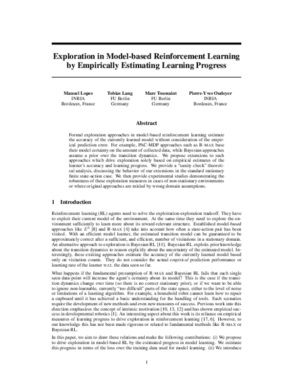 (PDF) Exploration in Model-based Reinforcement Learning by Empirically Estimating Learning Progress