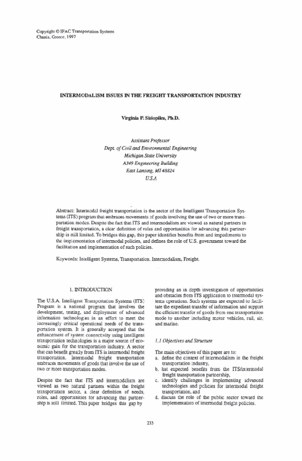 (PDF) Intermodalism Issues in the Freight Transportation Industry