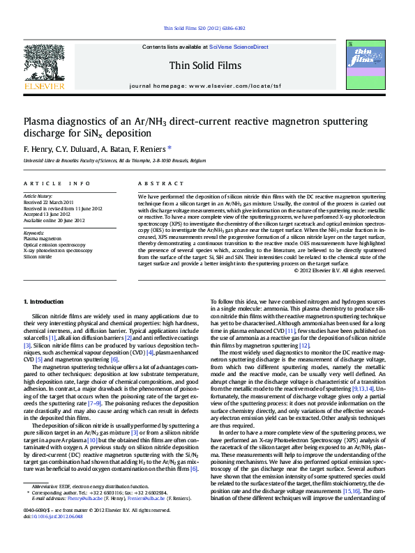(PDF) Plasma diagnostics of an Ar/NH3 direct-current reactive magnetron ...