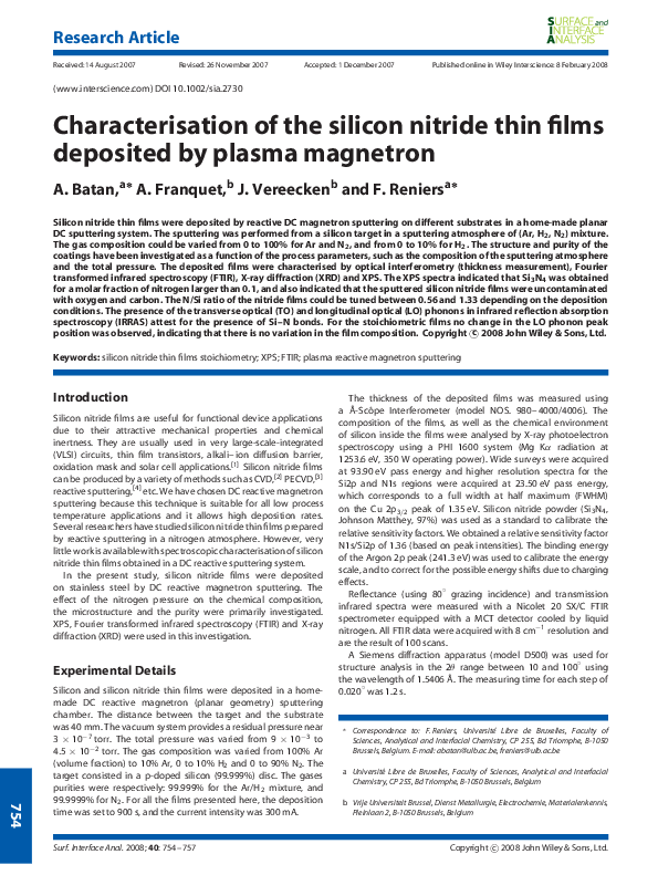 (PDF) Characterisation of the silicon nitride thin films deposited by plasma magnetron