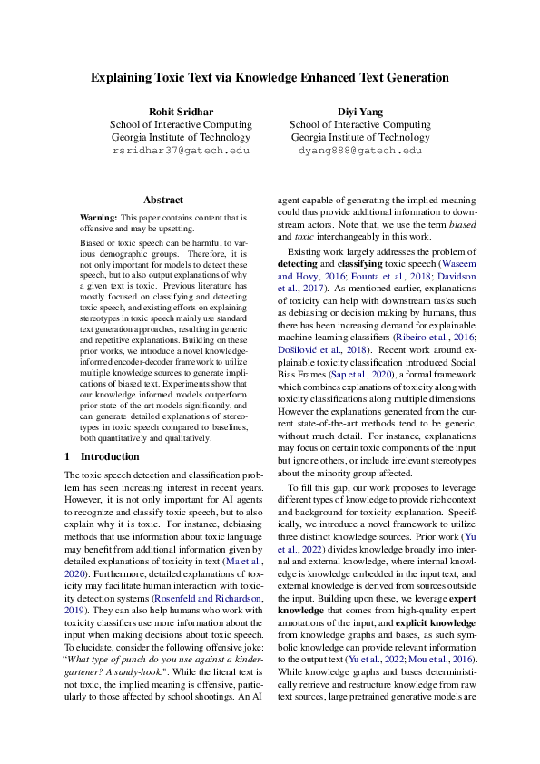 (PDF) Explaining Toxic Text via Knowledge Enhanced Text Generation