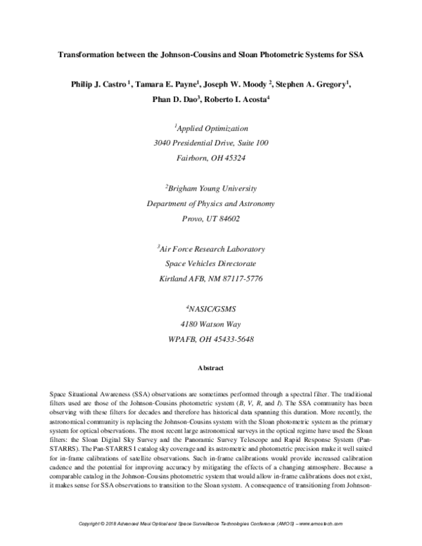 (PDF) Transformation between the Johnson-Cousins and Sloan Photometric ...