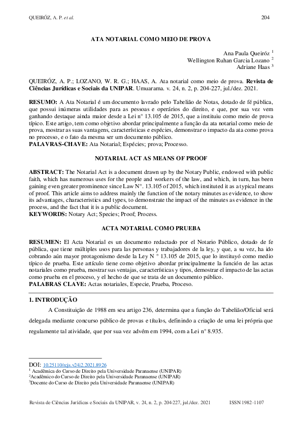 (PDF) Ata Notarial Como Meio De Prova | WELLINGTON LOZANO - Academia.edu