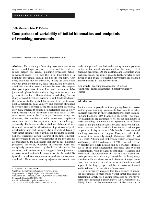 (PDF) Comparison of variability of initial kinematics and endpoints of reaching movements ...