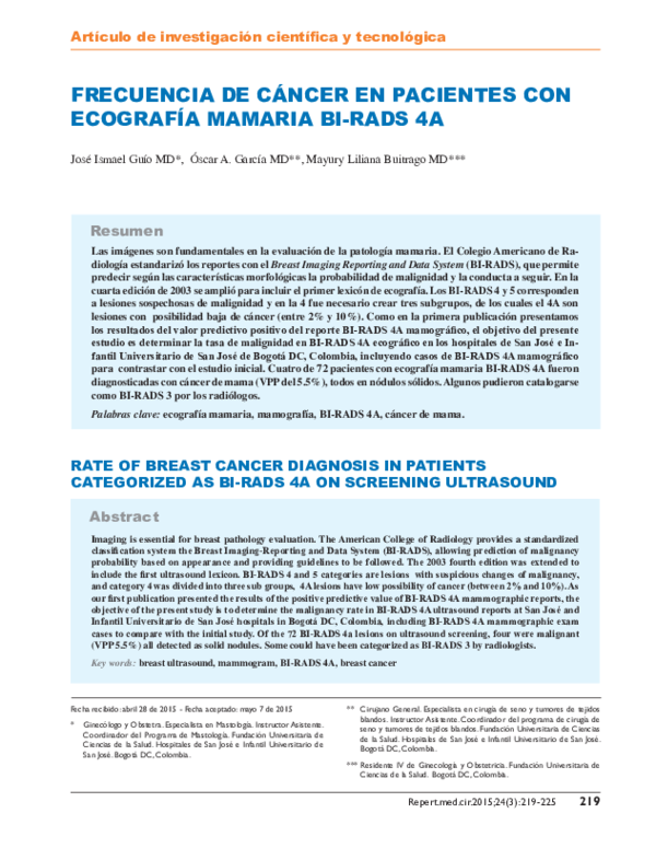 (PDF) Frecuencia de cáncer en pacientes con ecografía mamaria BI-RADS 4A