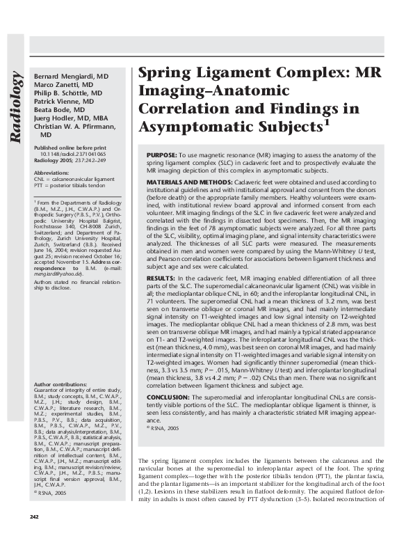 (PDF) Spring Ligament Complex: MR Imaging–Anatomic Correlation and ...