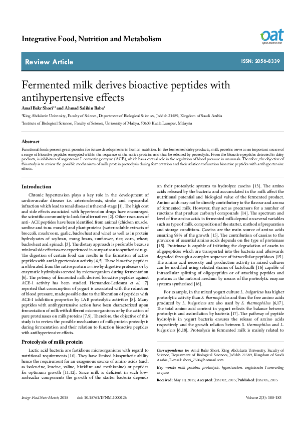 (PDF) Fermented milk derives bioactive peptides with antihypertensive ...