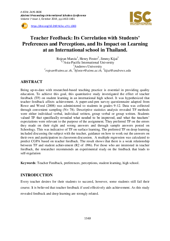 (PDF) Teacher Feedback Its Correlation with Students’ Preferences and ...