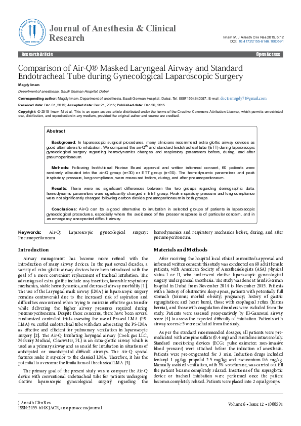 (PDF) Comparison of Air-Q® Masked Laryngeal Airway and Standard ...