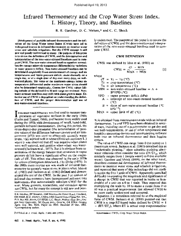 (PDF) Infrared Thermometry and the Crop Water Stress Index. II ...