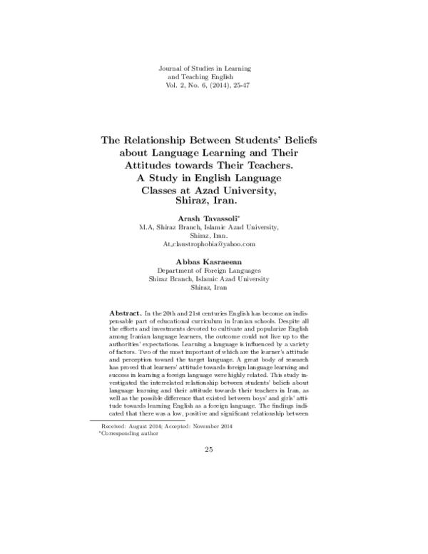 (PDF) The Relationship Between Students ’ Beliefs about Language Learning and Their Attitudes ...