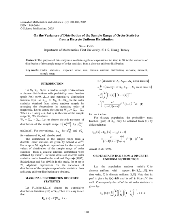 Pdf On The Variances Of Distribution Of The Sample Range Of Order Statistics From A Discrete