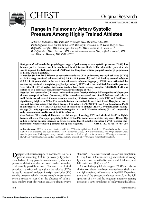 (PDF) Range in Pulmonary Artery Systolic Pressure Among Highly Trained ...