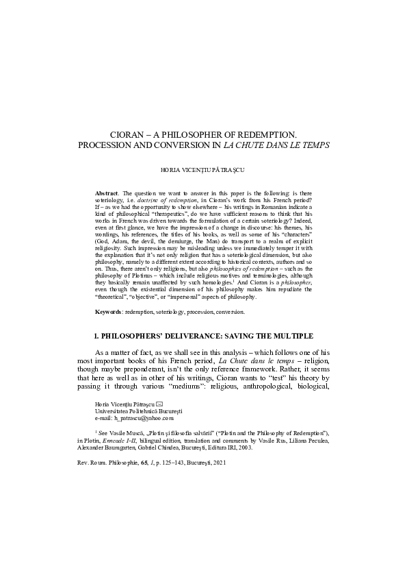 (PDF) CIORAN -A PHILOSOPHER OF REDEMPTION. PROCESSION AND CONVERSION IN ...