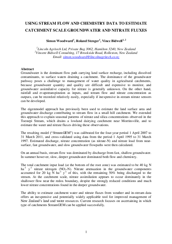 (PDF) Using stream flow and chemistry data to estimate catchment scale ...