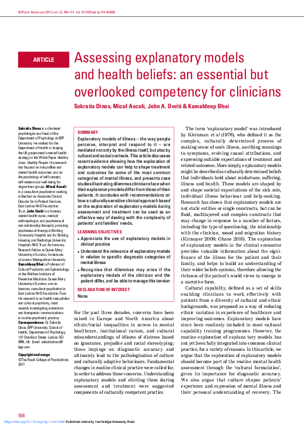 (PDF) Assessing explanatory models and health beliefs: An essential but ...