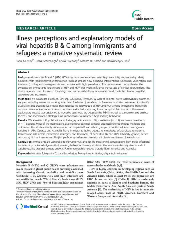 (PDF) Illness perceptions and explanatory models of viral hepatitis B & C among immigrants and ...