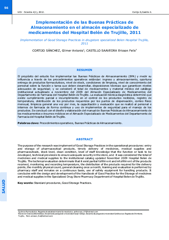 (PDF) Implementación de las Buenas Prácticas de Almacenamiento en el almacén especializado de ...