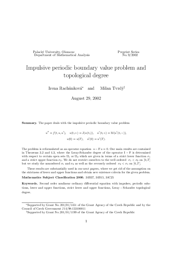 (PDF) Impulsive periodic boundary value problem and topological degree | Tvrdy Milan - Academia.edu