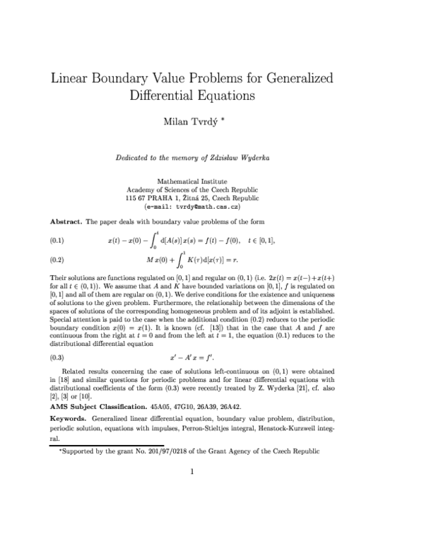 Pdf Linear Boundary Value Problems For Generalized Differential Equations