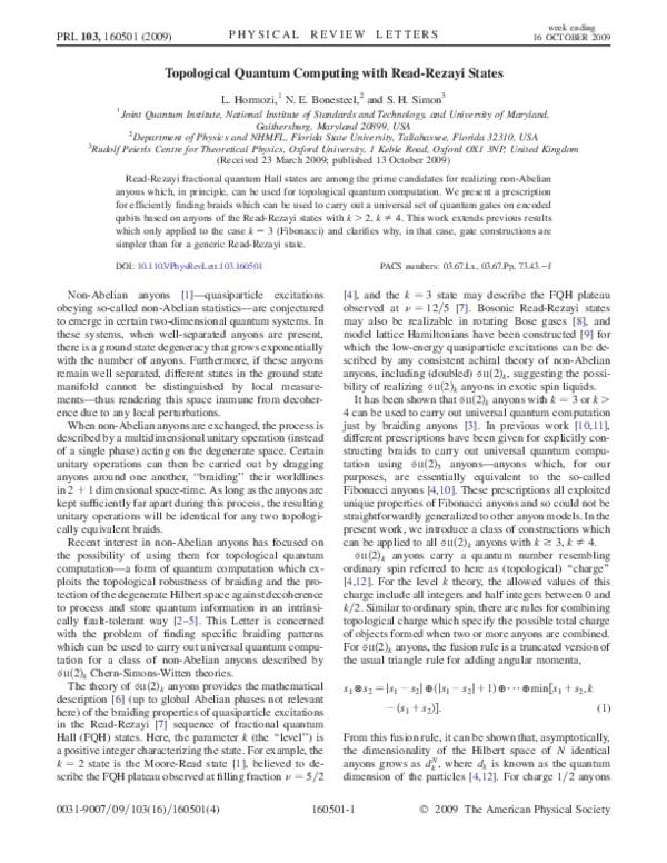 (PDF) Topological Quantum Computing with Read-Rezayi States