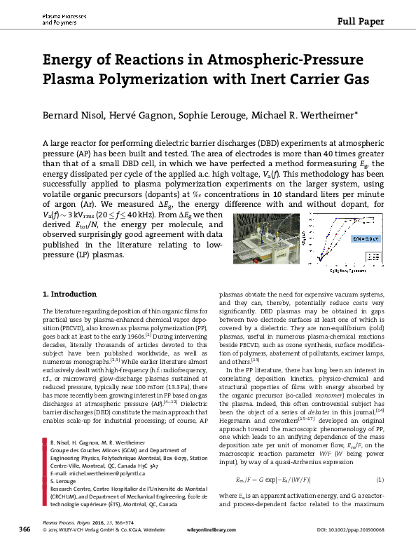 (PDF) Energy of Reactions in Atmospheric-Pressure Plasma Polymerization ...