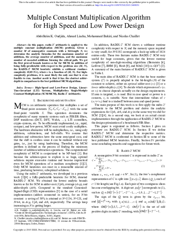 Pdf Multiple Constant Multiplication Algorithm For High Speed And Low Power Design