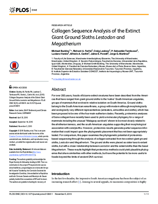 (PDF) Collagen Sequence Analysis of the Extinct Giant Ground Sloths ...