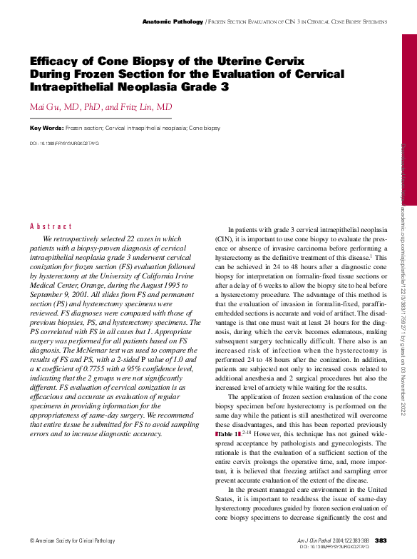 (PDF) Efficacy of Cone Biopsy of the Uterine Cervix During Frozen ...