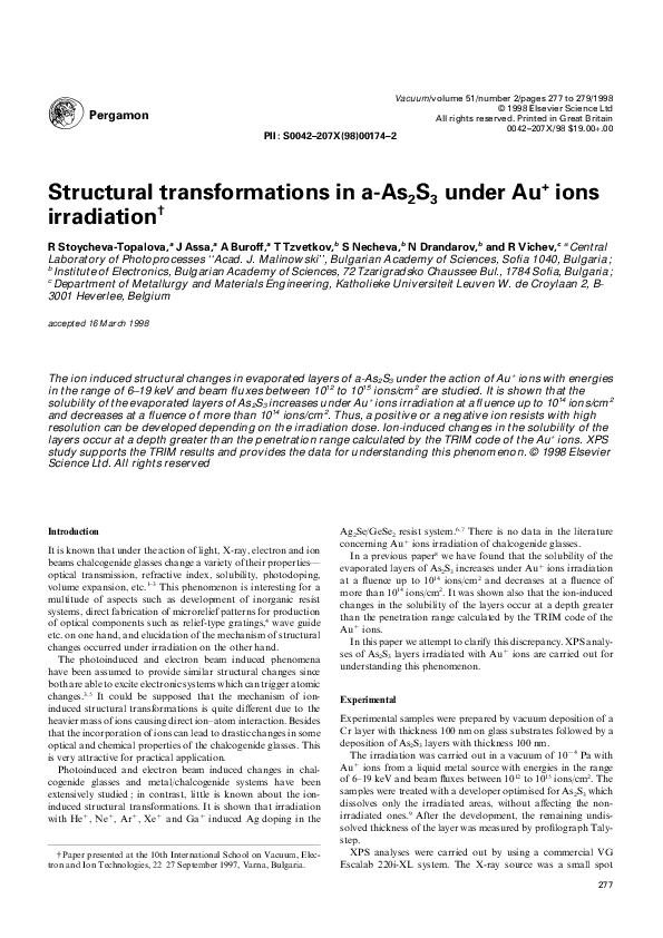 (PDF) Structural transformations in a-As2S3 under Au+ ions irradiation | Toshko Tzvetkov ...