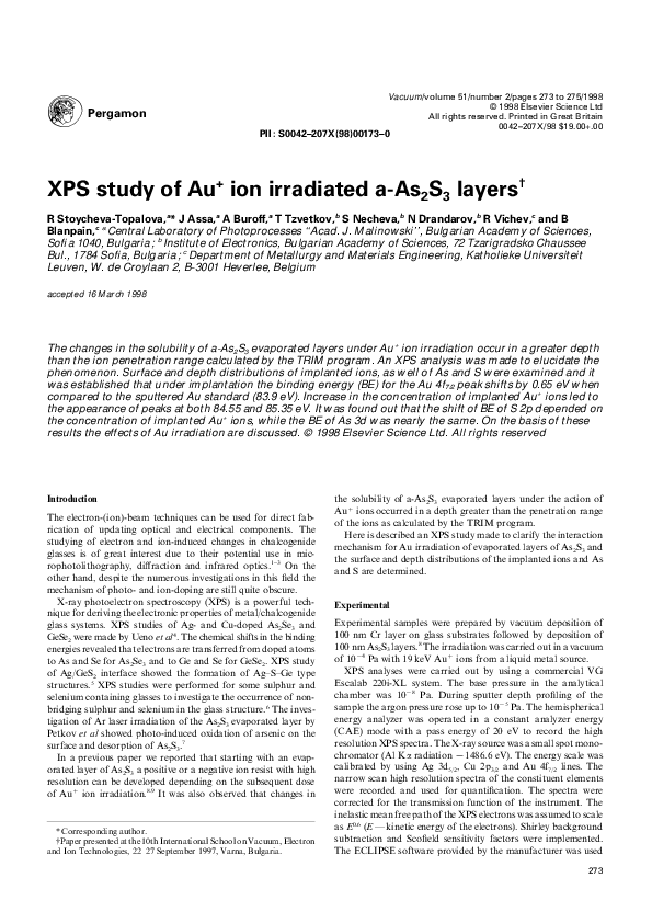 (PDF) XPS study of Au+ ion irradiated a-As2S3 layers