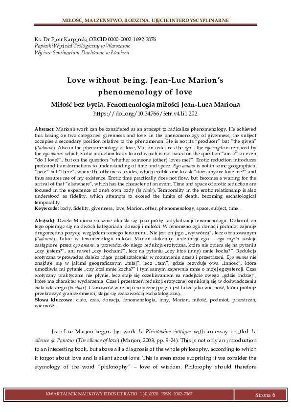 (PDF) Love without being. Jean-Luc Marion’s phenomenology of love