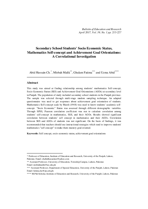 (PDF) Secondary School Students' Socio Economic Status, Mathematics Self-Concept and Achievement ...