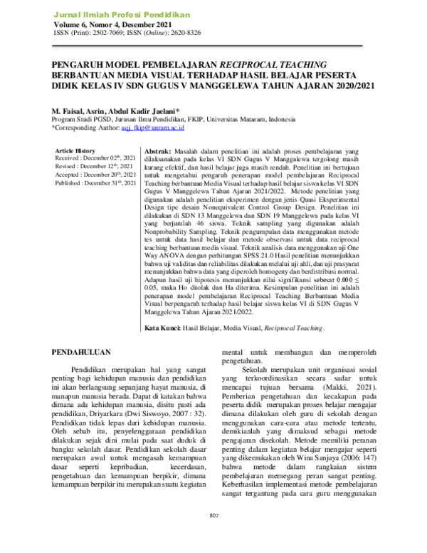 (PDF) Pengaruh Model Pembelajaran Reciprocal Teaching berbantuan Media Visual terhadap Hasil ...