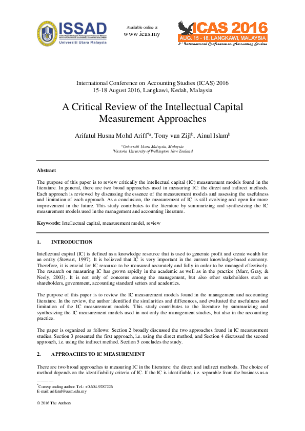 (PDF) A critical review of the intellectual capital measurement approaches