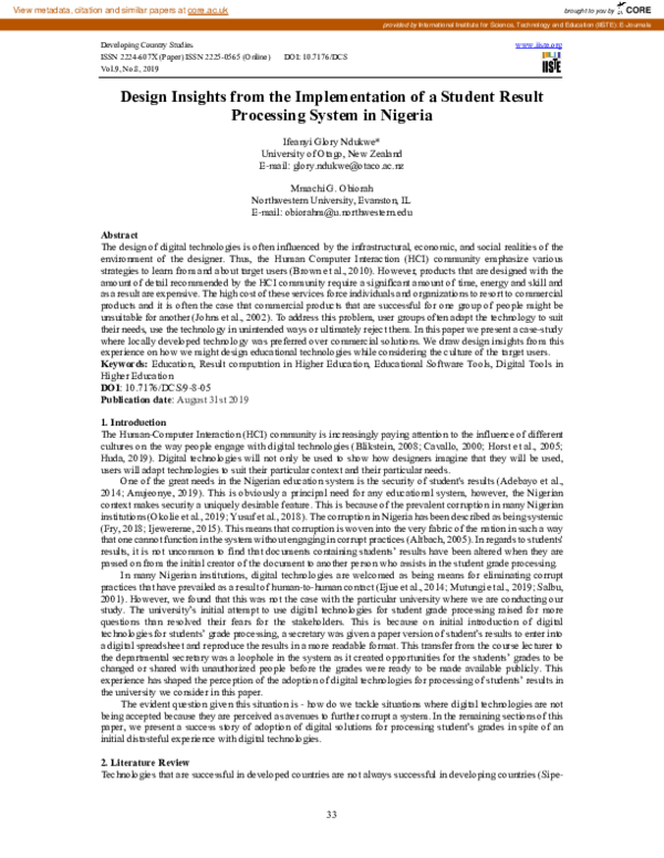 (PDF) Design Insights from the Implementation of a Student Result Processing System in Nigeria ...