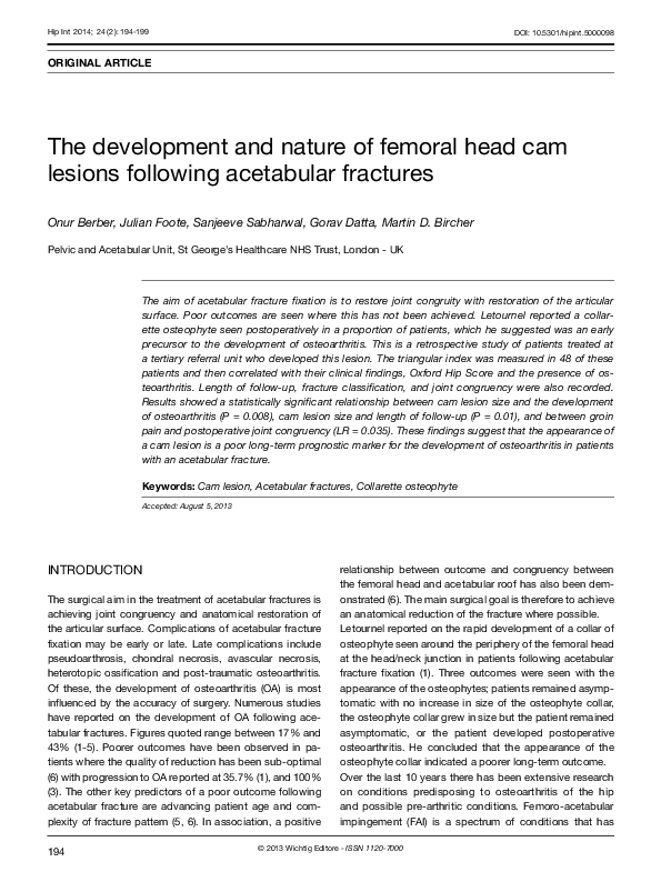 (PDF) The development and nature of femoral head cam lesions following acetabular fractures