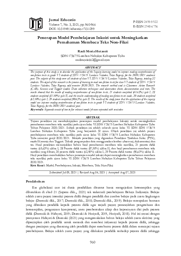 (PDF) Penerapan Model Pembelajaran Inkuiri untuk Meningkatkan Pemahaman ...