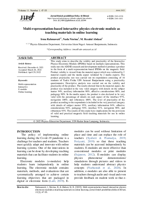 (PDF) Multi-representation-based interactive physics electronic module as teaching materials in ...