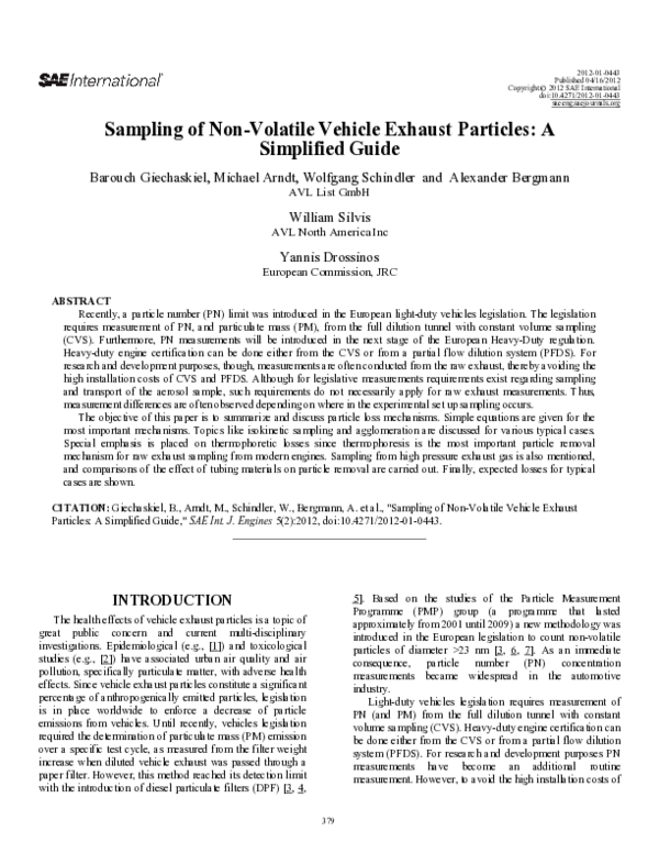 (PDF) Sampling of Non-Volatile Vehicle Exhaust Particles: A Simplified ...