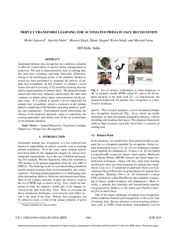 (PDF) TRIPLET TRANSFORM LEARNING FOR AUTOMATED PRIMATE FACE RECOGNITION