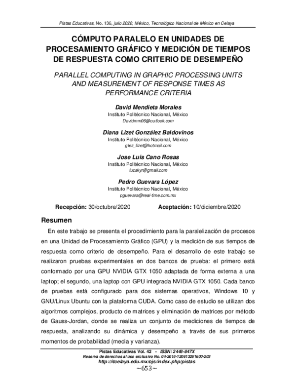 (PDF) Cómputo Paralelo en Unidades De Procesamiento Gráfico y Medición De Tiempos De Respuesta ...