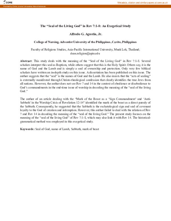 (PDF) The “Seal of the Living God” in Rev 7:1-8: An Exegetical Study