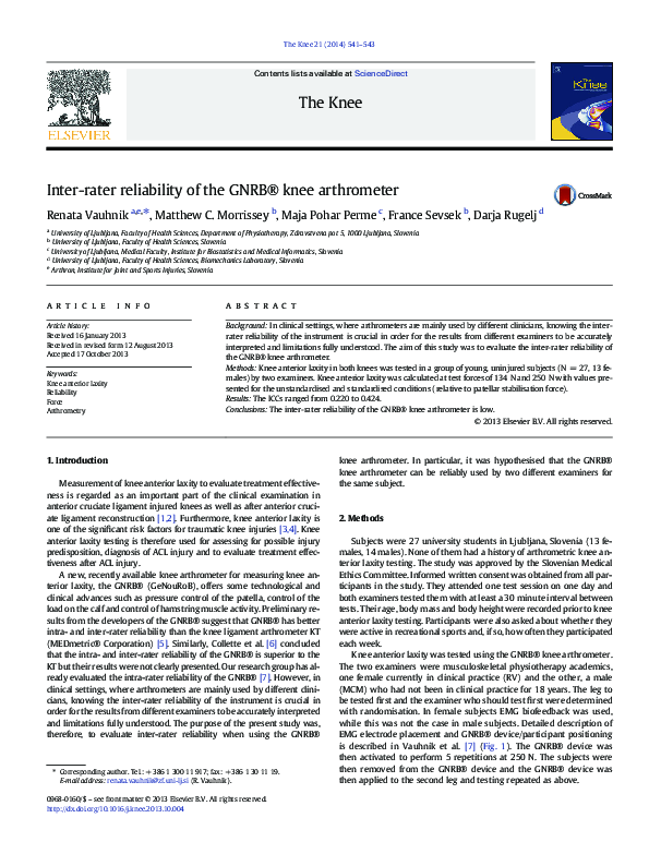 (PDF) Inter-rater reliability of the GNRB® knee arthrometer | F. Sevšek ...